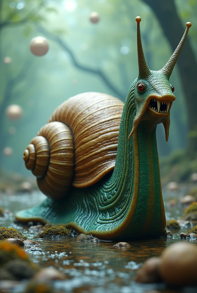 Stable Diffusion Prompt: Green-blue giant snail with bronze shell, eco-friendly, unique in nature