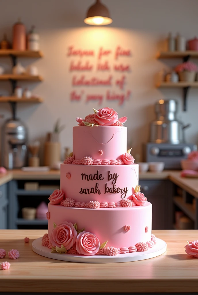 Stable Diffusion Prompt: Beautiful pink photorealistic cake by Sarah Bakery, made in 2023