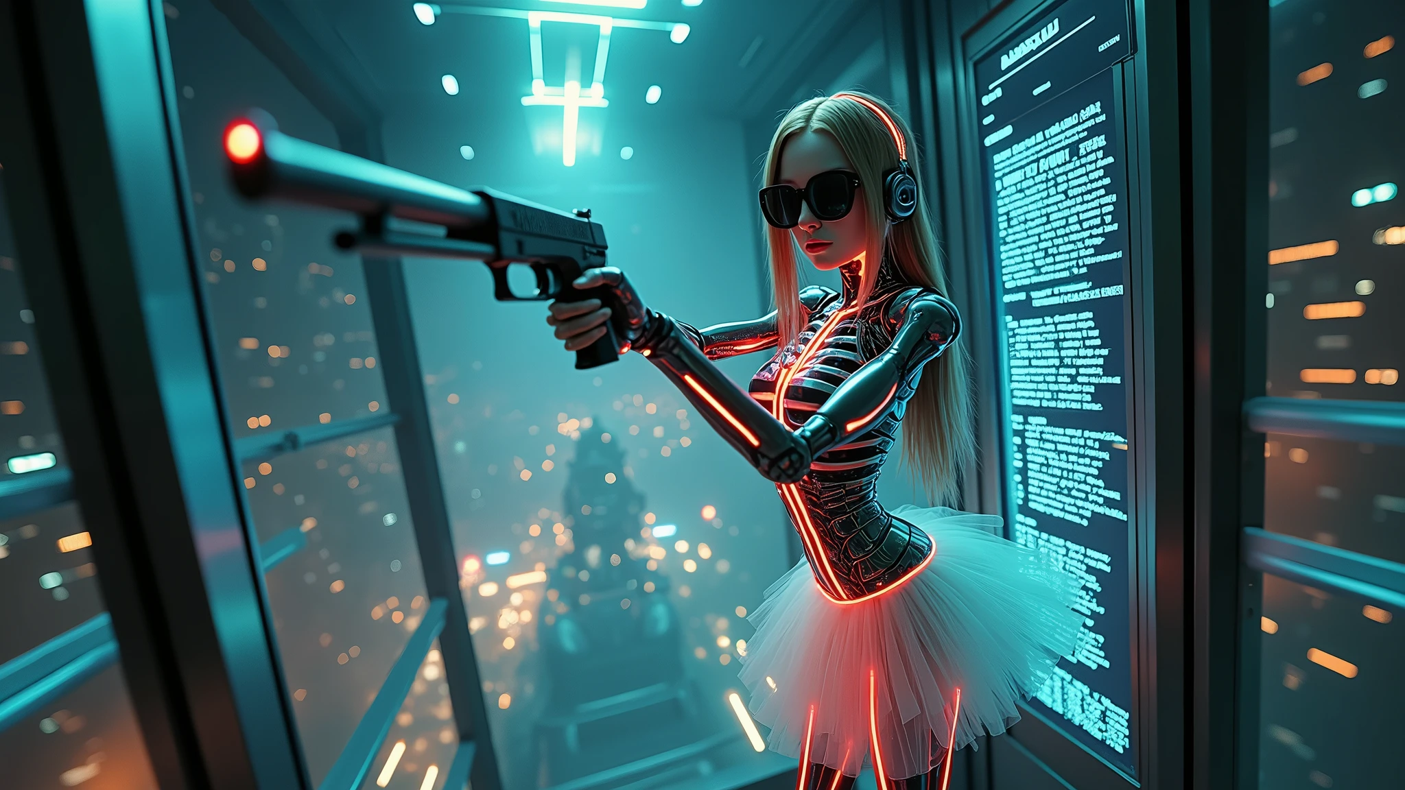 Stable Diffusion Prompt: Futuristic woman in tutu with gun in cyber ...