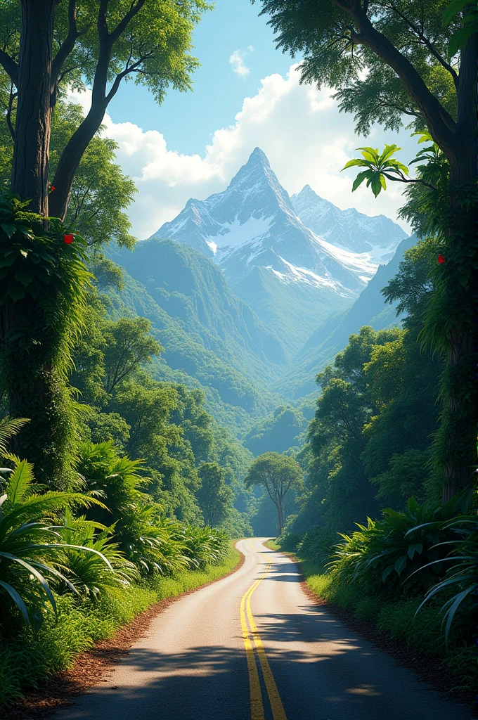 Stable Diffusion Prompt: Scenic jungle road with mountain views for adventure travel