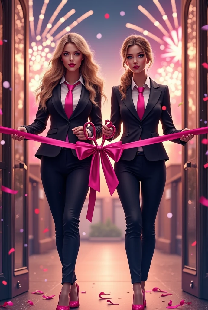 Stable Diffusion Prompt: Stylish women in black suits, pink shoes, and ...