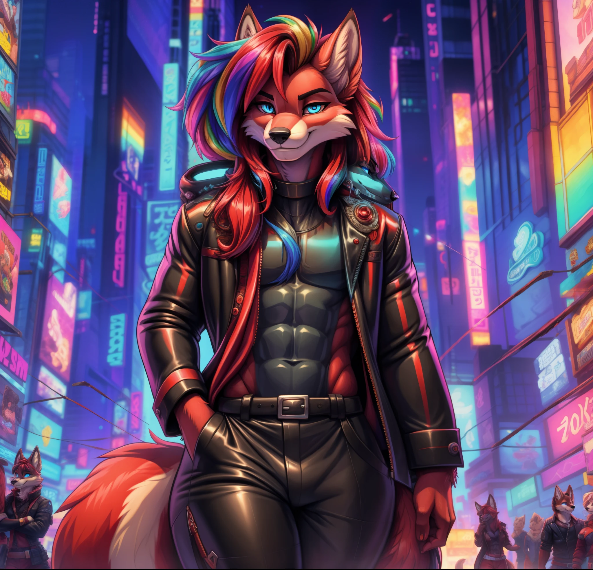 Stable Diffusion Prompt: Woman in leather and fox mask poses stylishly in urban cityscape