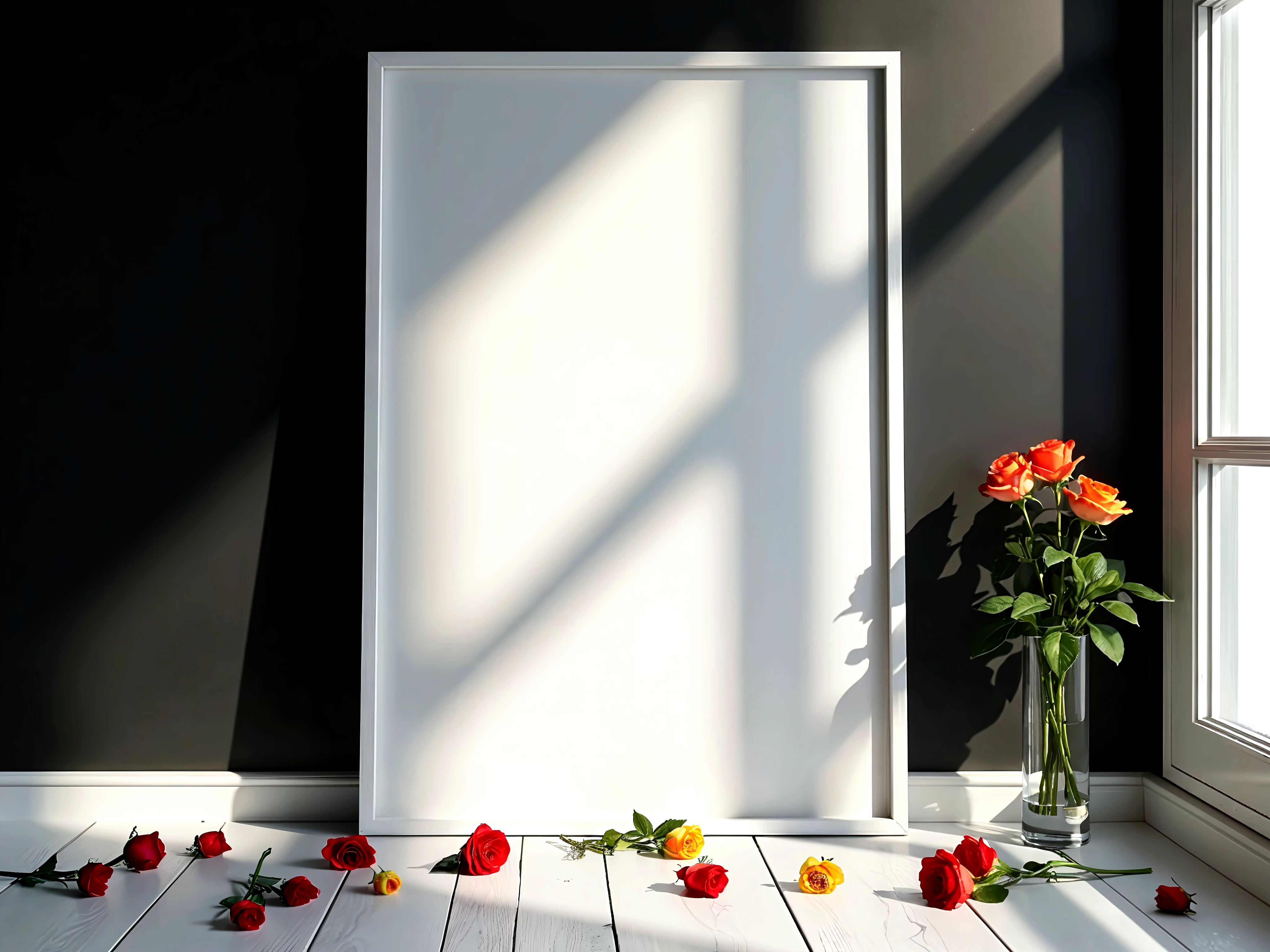 Stable Diffusion Prompt: There are roses in a vase on the floor next to ...