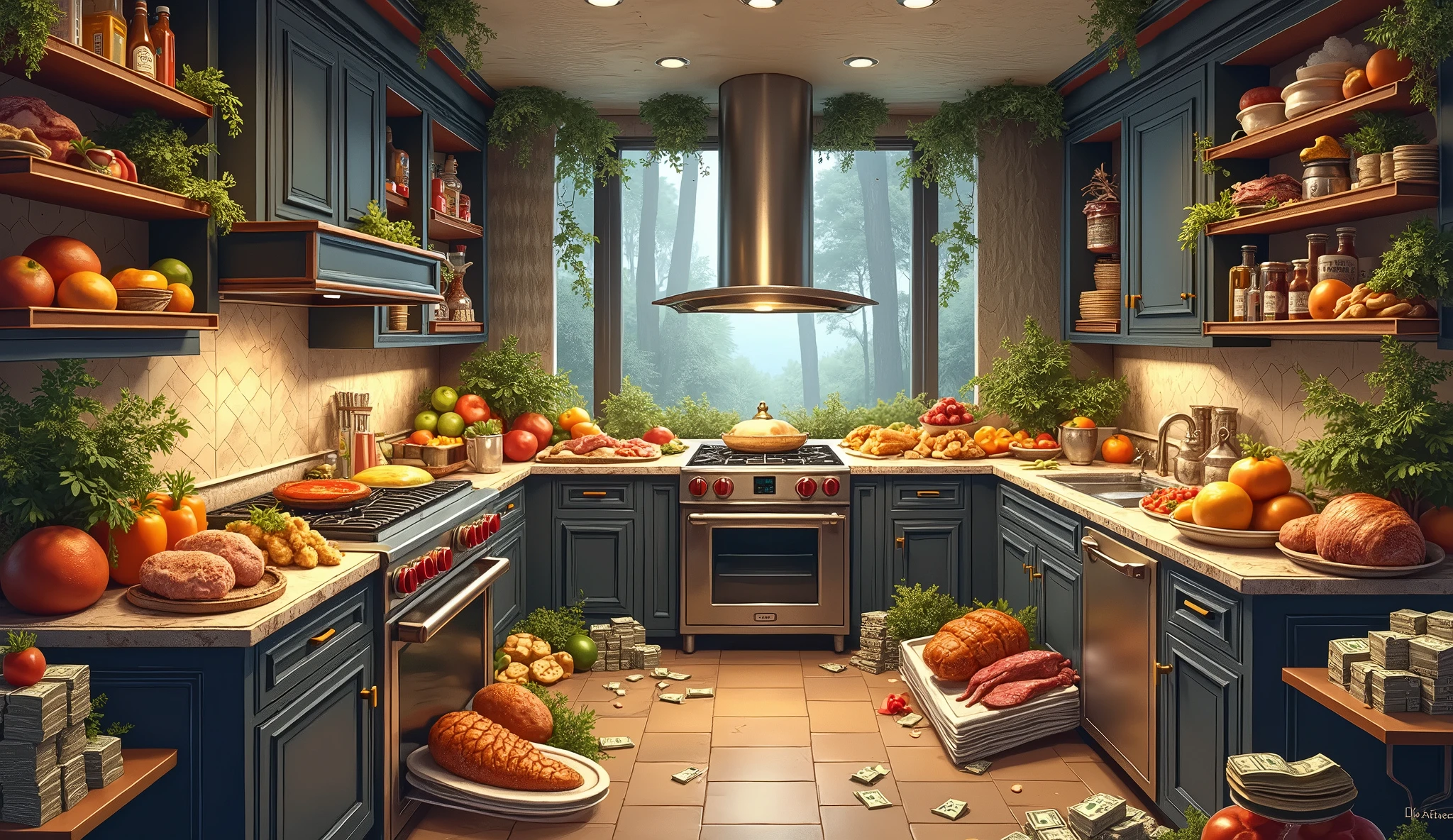 Stable Diffusion Prompt: Kitchen with abundant food on the counter for ...