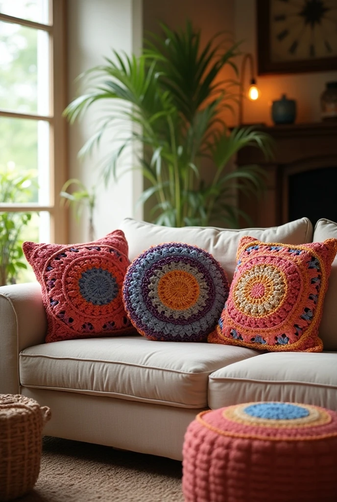 Stable Diffusion Prompt: Vibrant sofa adorned with colorful crochet ...