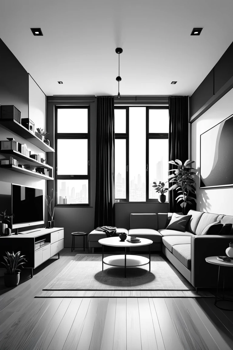 Stable Diffusion Prompt: Detailed manga-style apartment interior line art, masterpiece quality