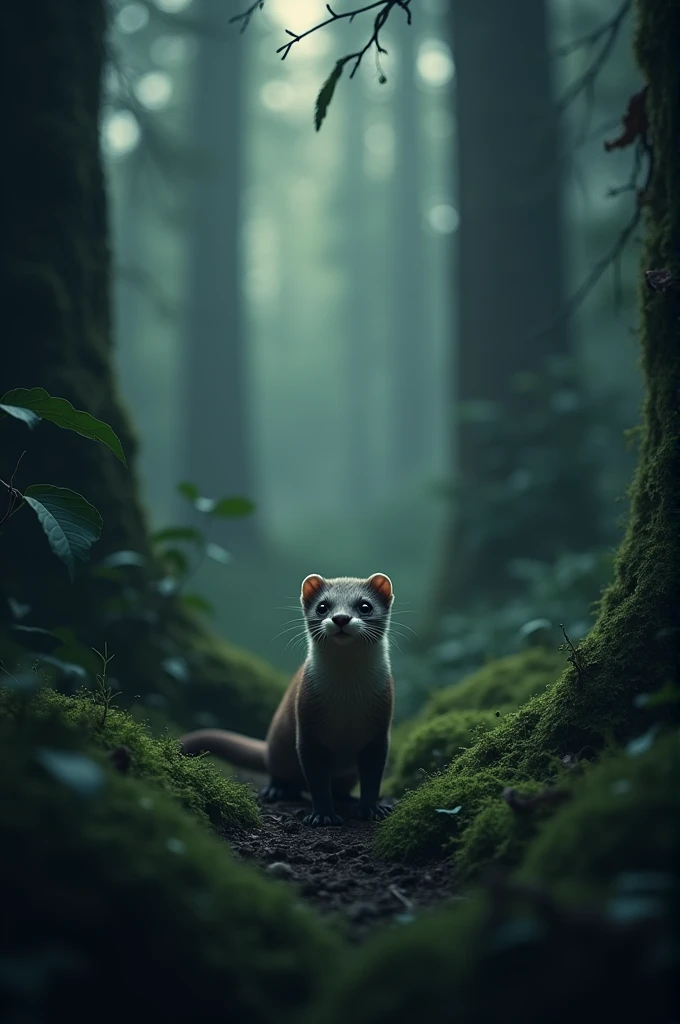 Stable Diffusion Prompt: Frightened weasel hears noise in dark forest bush