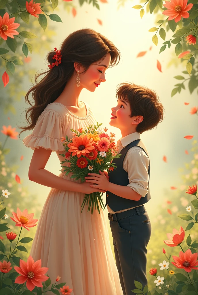 Stable Diffusion Prompt: Mom and son in elegant outfits, holding ...