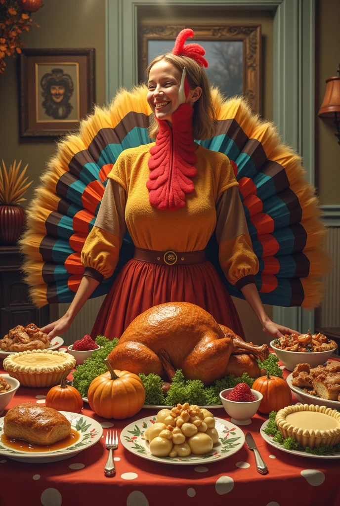 Stable Diffusion Prompt: Thanksgiving woman in turkey costume behind feast table