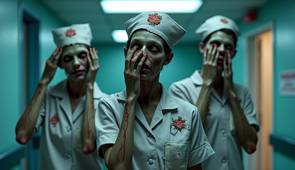 Stable Diffusion Prompt: Three nurse zombies on duty at "See No Evil" hospital, horror scene