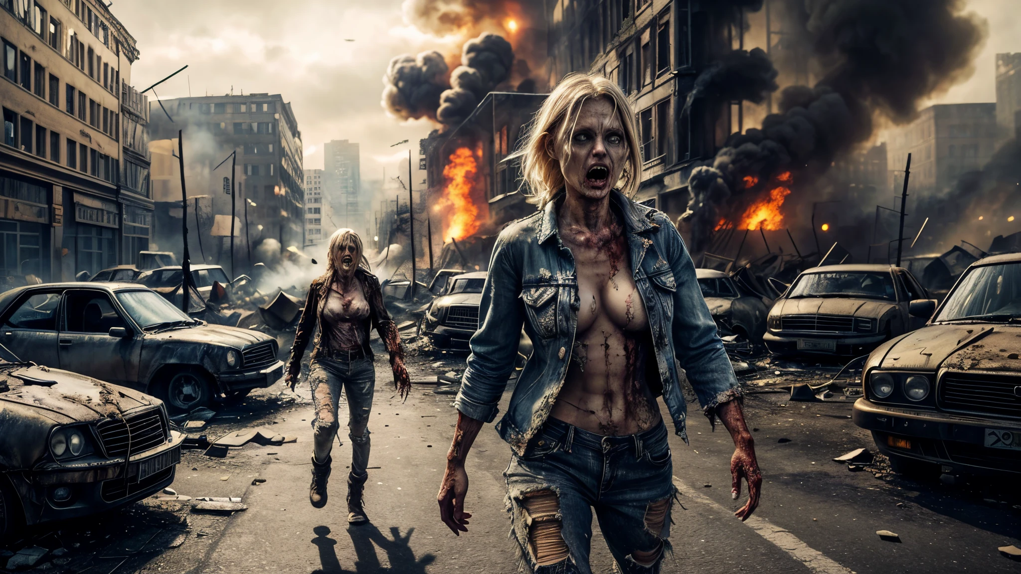Stable Diffusion Prompt: Zombies walking down a street in a city with cars and fire