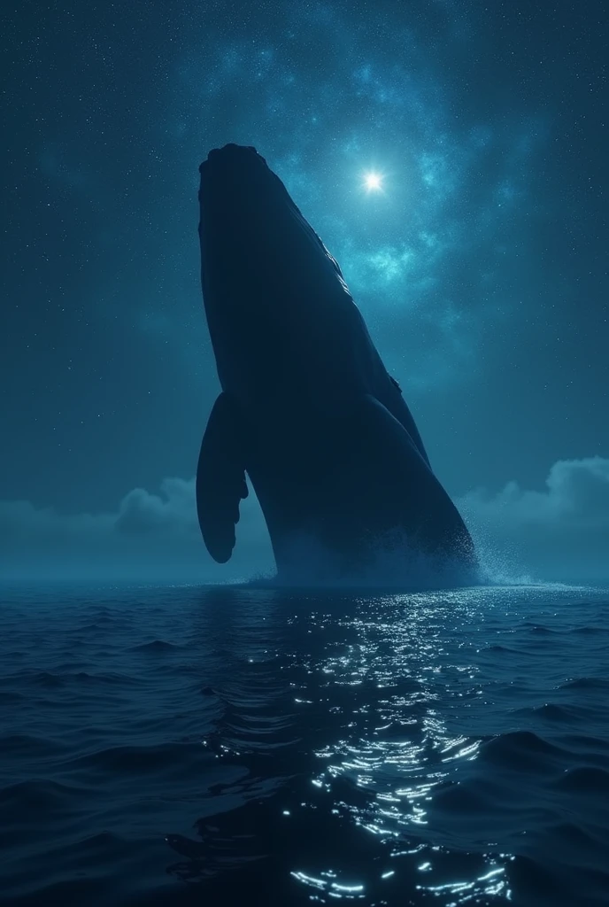 Stable Diffusion Prompt: Massive whale silhouette shines on starry ocean at night