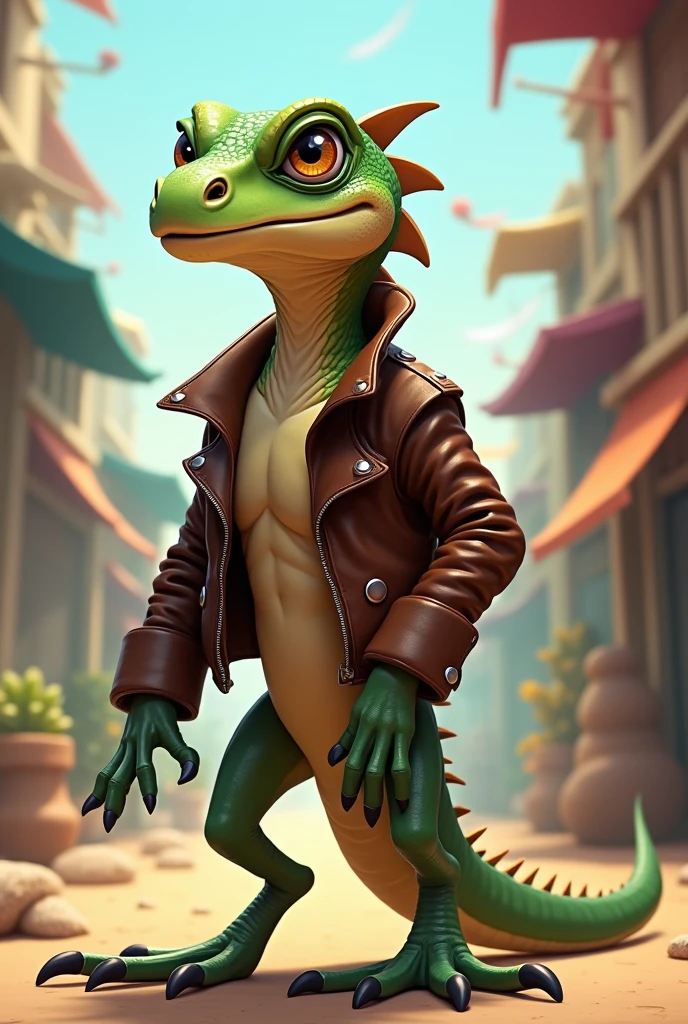 Stable Diffusion Prompt: Anthropomorphic monitor lizard wearing the leather jacket cartoon