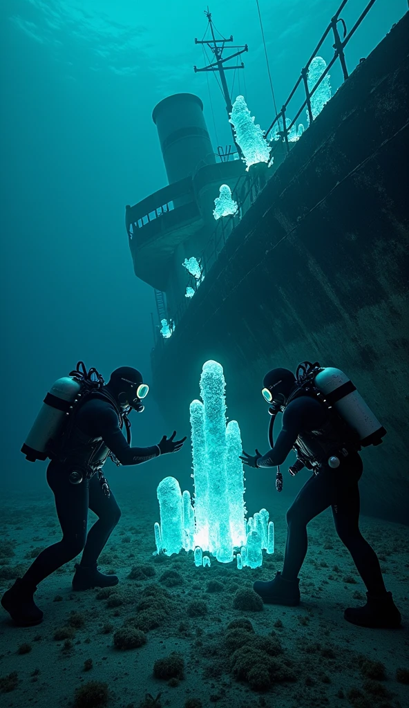 Stable Diffusion Prompt: Divers collecting samples of glowing crystals ...