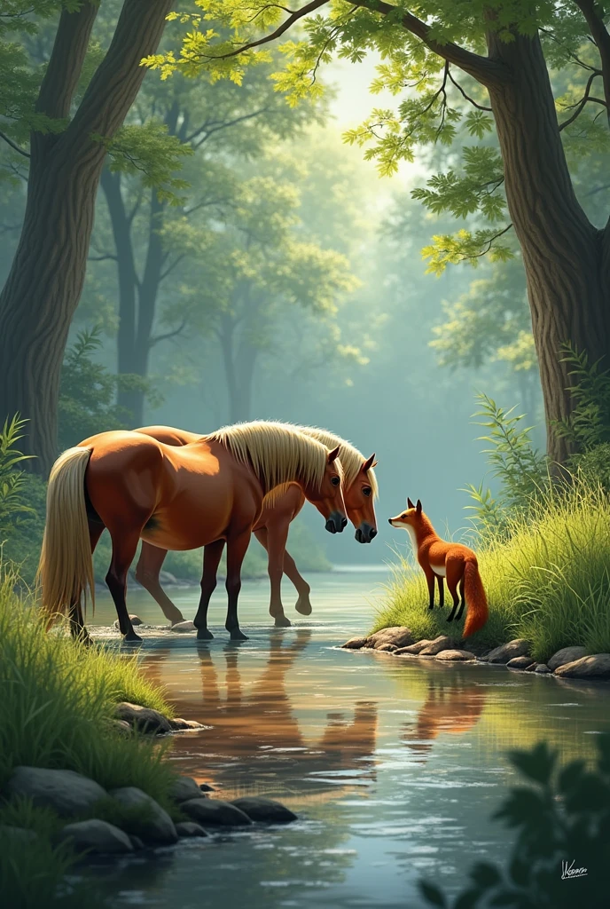 Stable Diffusion Prompt: Horses and foxes share a serene riverside ...