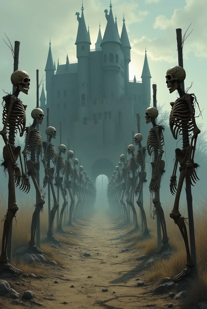 Stable Diffusion Prompt: Impaled skeletons on stakes with castle ...