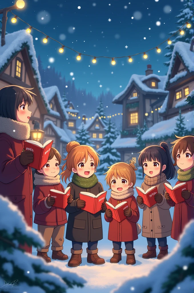 Stable Diffusion Prompt: Anime group singing Christmas carols outdoors ...