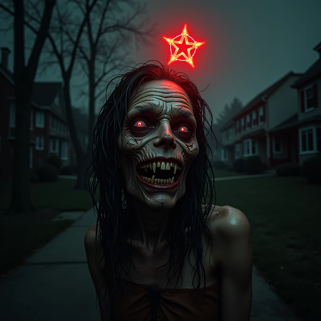 Stable Diffusion Prompt: Psychedelic horror: Deformed face, wet matted hair, intense gaze