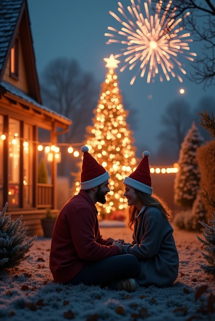 Stable Diffusion Prompt: Young couple in Christmas hats chatting outside house with a garland