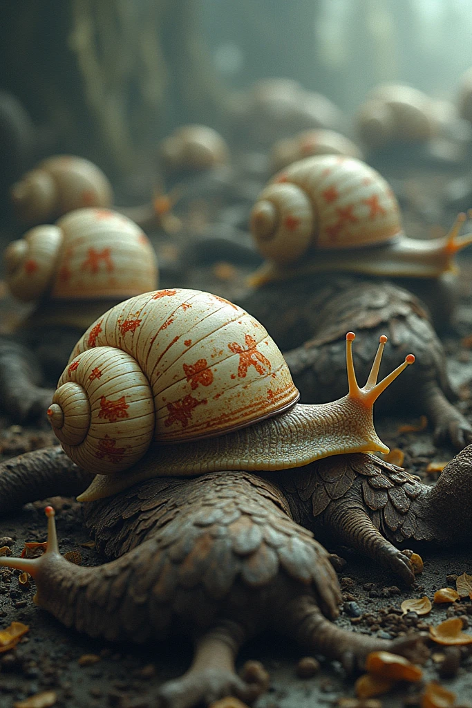 Stable Diffusion Prompt: Discover XP9 Snails thriving on defeated eagles!