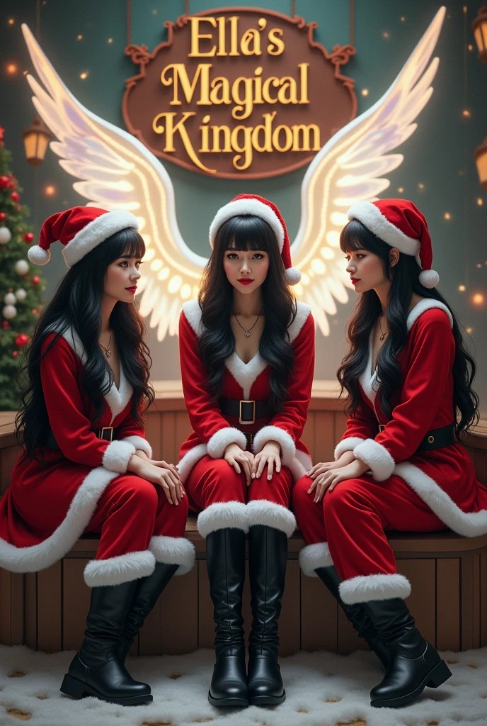Stable Diffusion Prompt: Three black-haired Santa women hold a sign ...