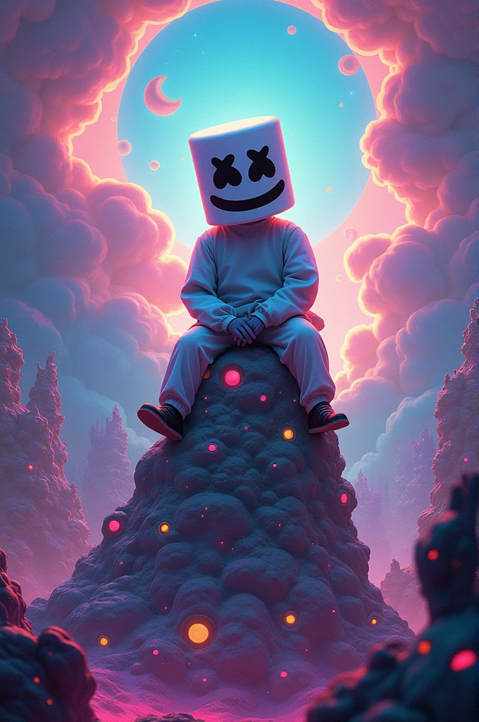 Stable Diffusion Prompt: Marshmello soars over vibrant animated world ...
