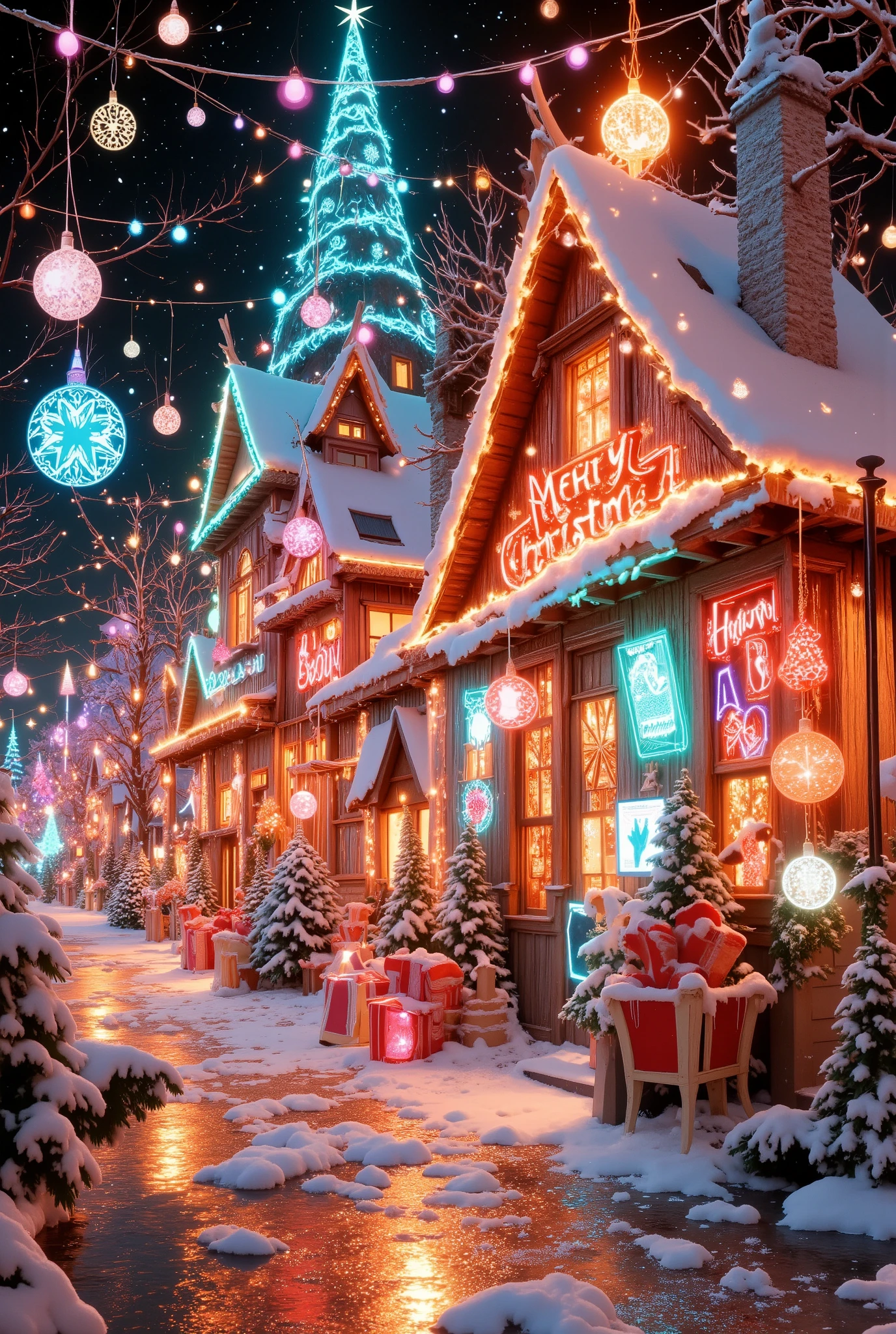 Stable Diffusion Prompt: Christmas lights are hanging from the roof of ...