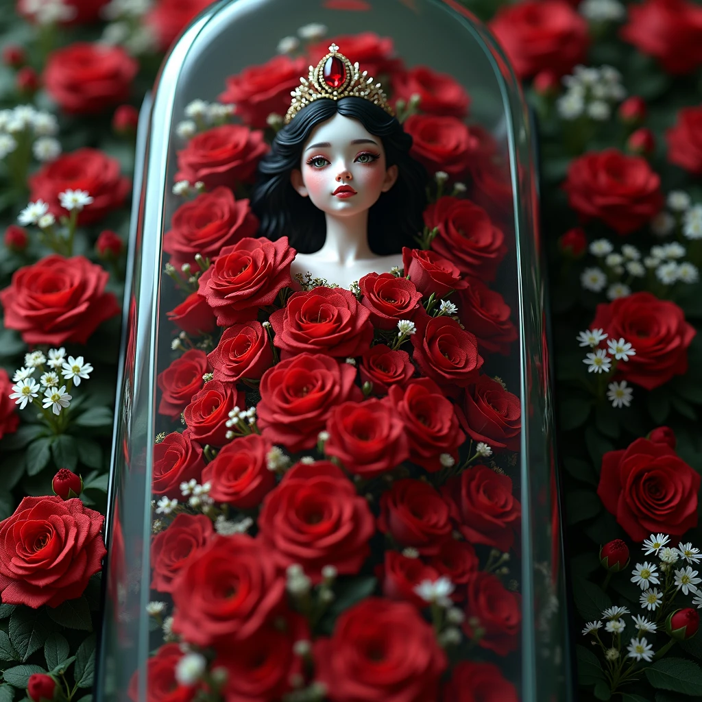Stable Diffusion Prompt: Tiny Vampire Empress lying in a vibrant glass coffin — enchanting ...