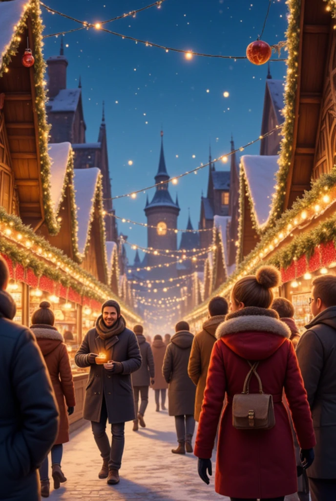 Stable Diffusion Prompt: Snow, Christmas lights, wooden stalls, hot ...