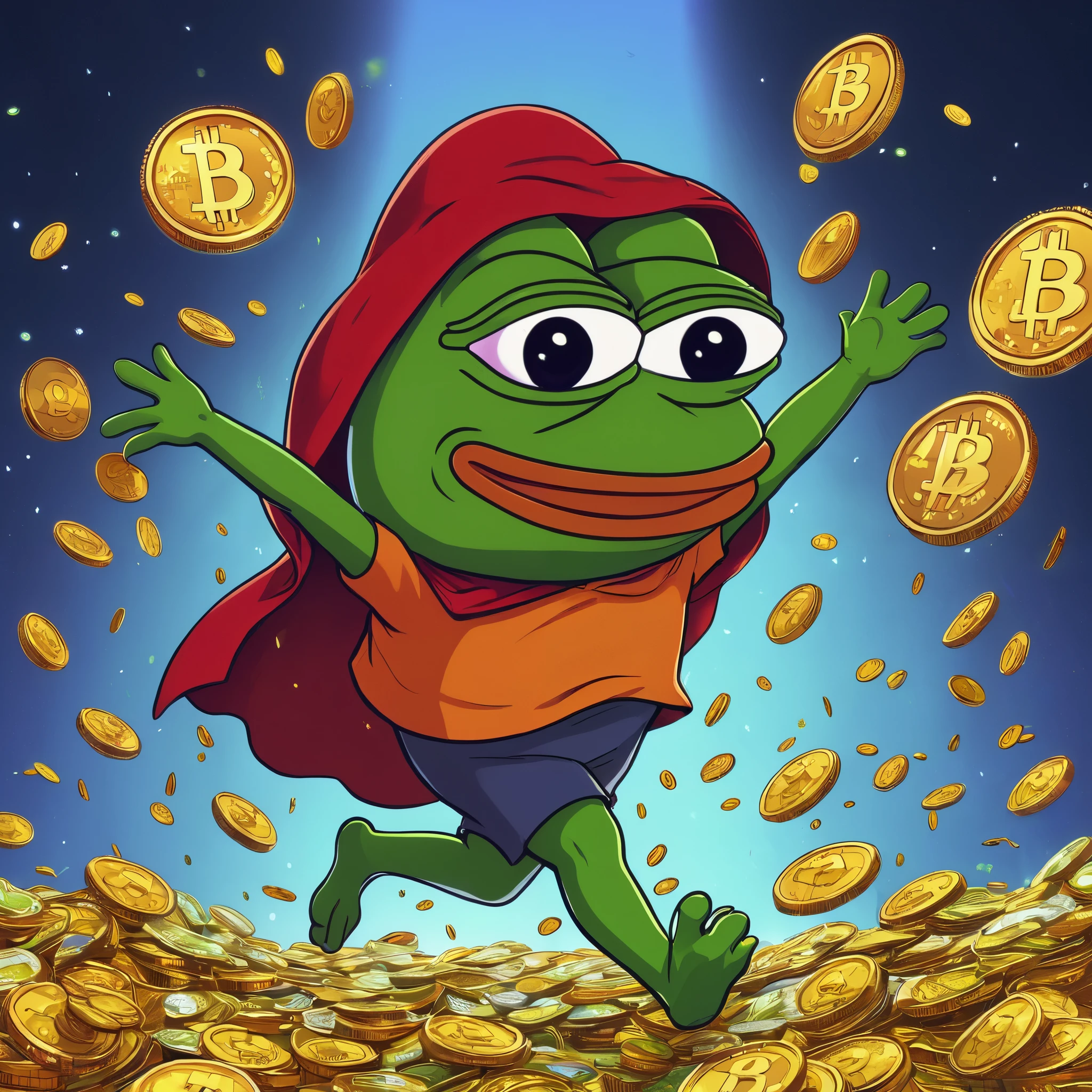 Stable Diffusion Prompt: Cartoon frog with cape and Bitcoin hat running ...