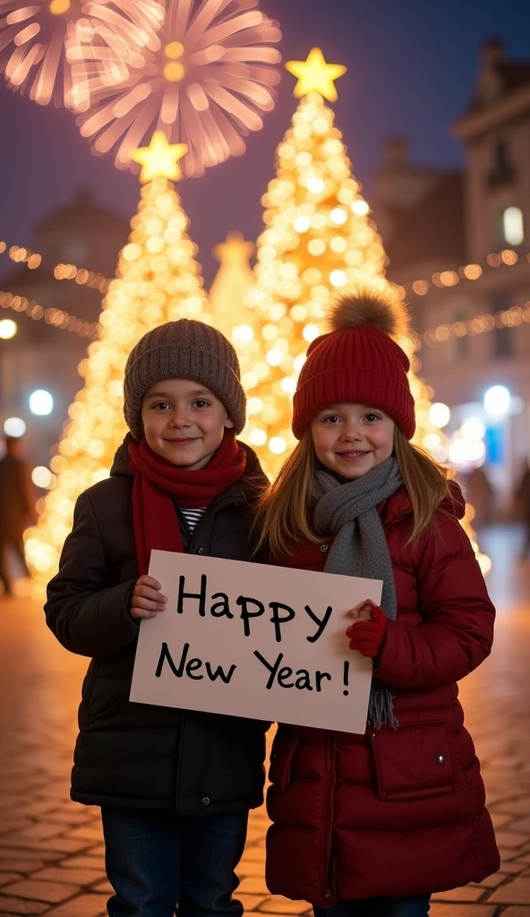 Stable Diffusion Prompt: Boy and girl in winter coats and hats, stylish ...