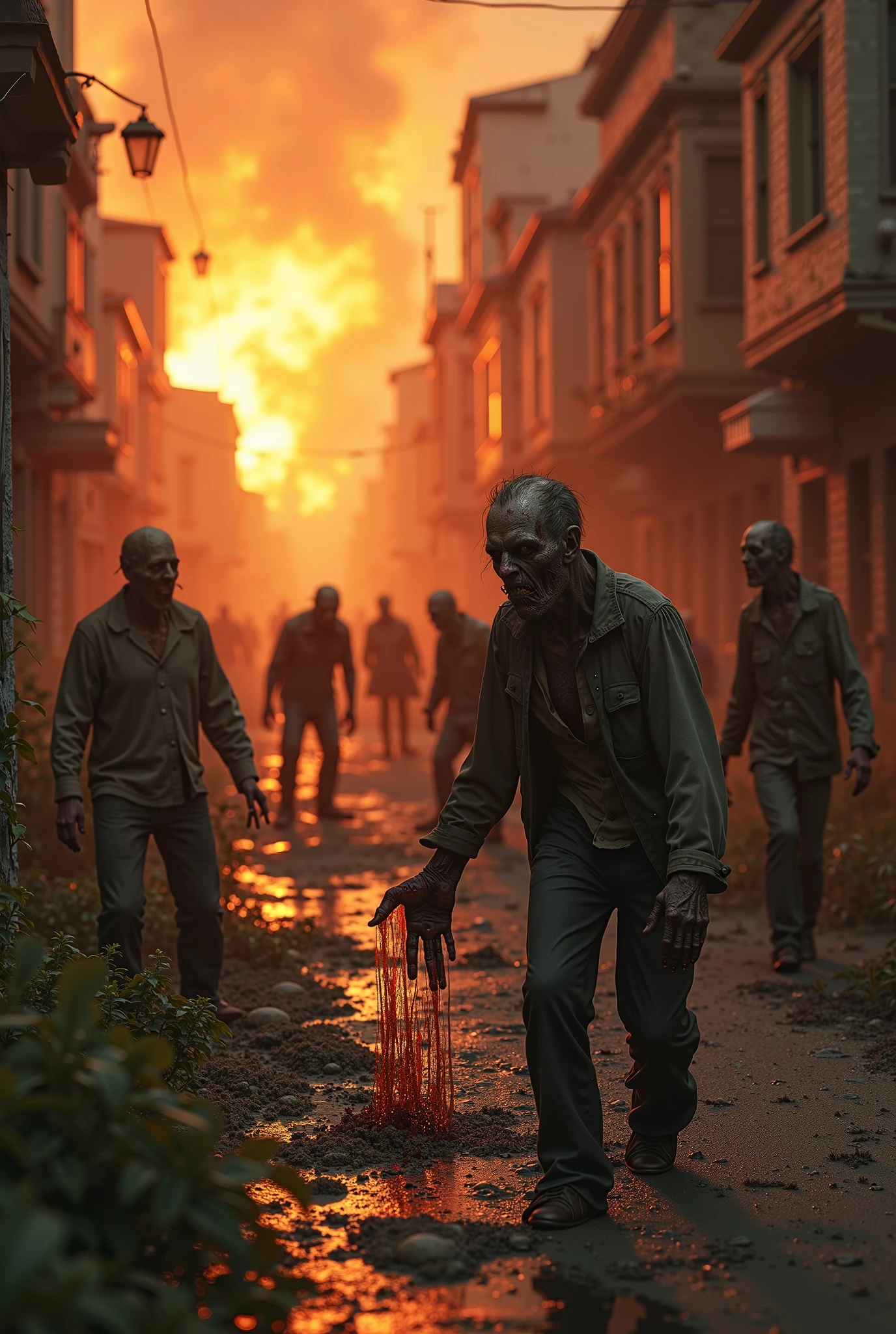 Stable Diffusion Prompt: Zombies walk city streets at sunset in ...