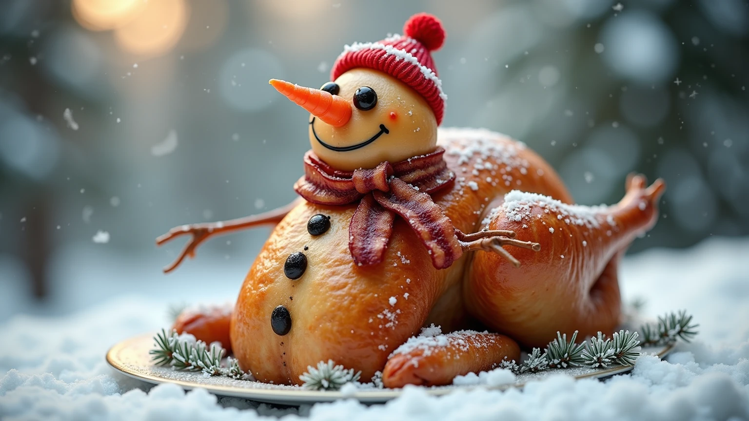 Stable Diffusion Prompt: Festive Christmas turkey snowman with carrot ...