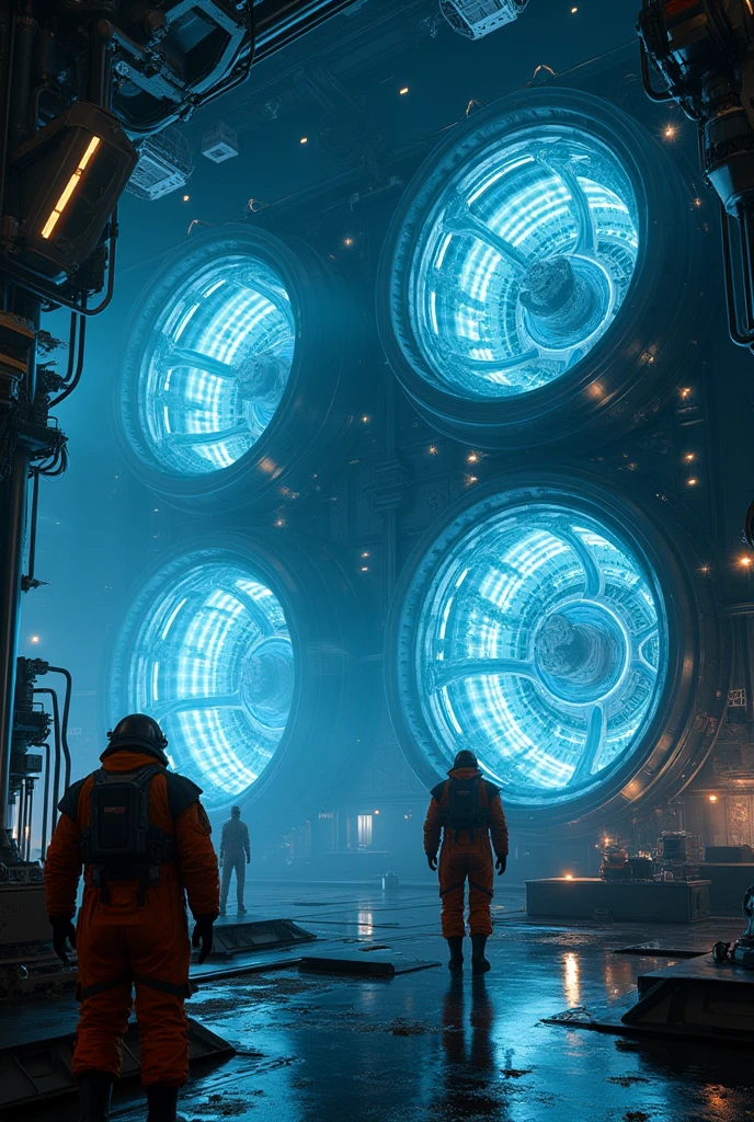 Stable Diffusion Prompt: Giant spaceship reactors , In a horizontal ...