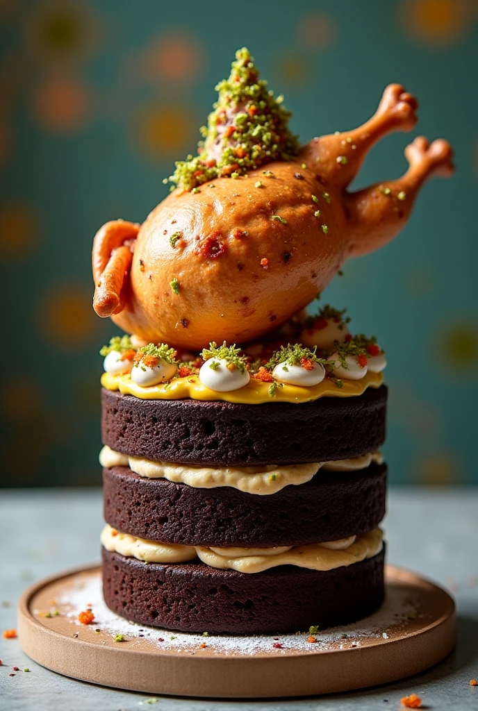 Stable Diffusion Prompt: Delicious pistachio kunafa with chocolate cake and chicken topping recipe