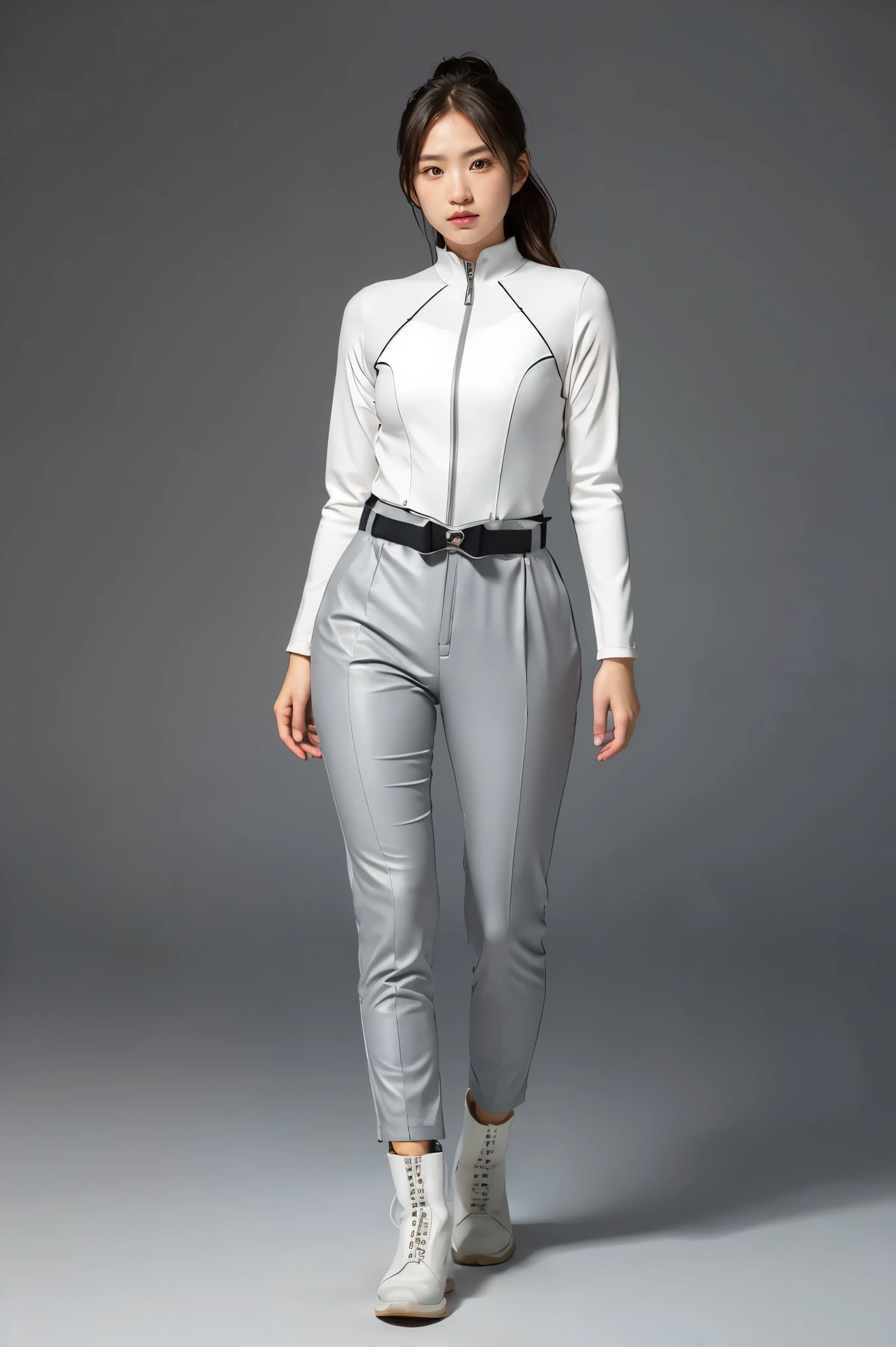 Stable Diffusion Prompt: A woman in a white top and grey pants posing ...