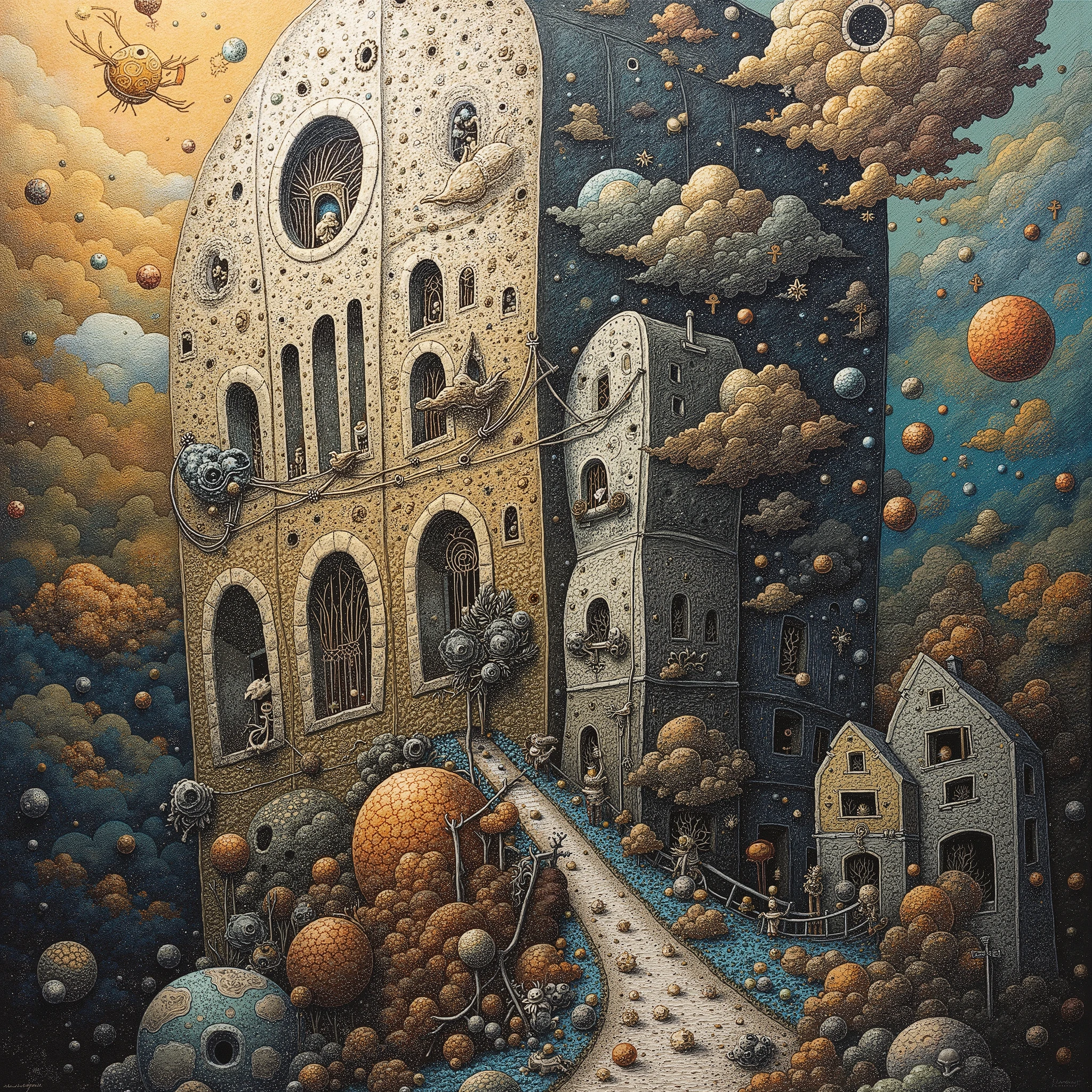 Stable Diffusion Prompt: Cityscape painting featuring a giant building and man on ladder