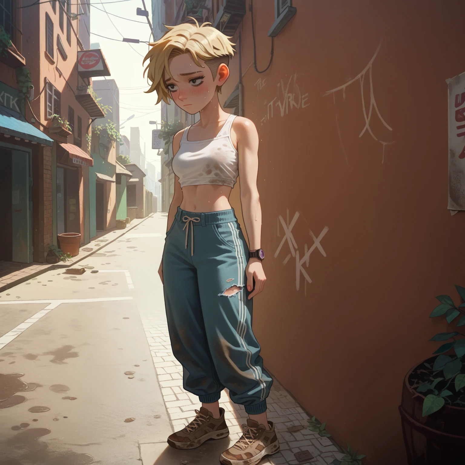 Stable Diffusion Prompt: Young woman in white crop top and sweatpants ...