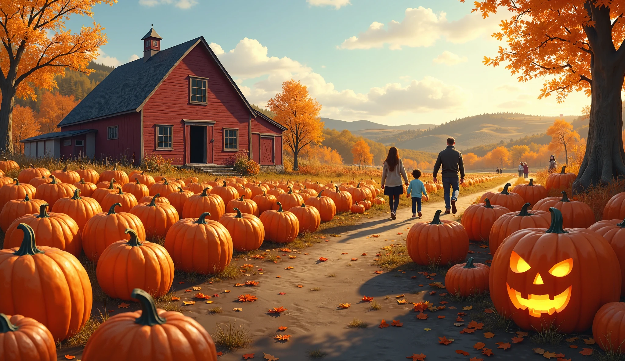 Stable Diffusion Prompt: Pumpkin field scene with red barn backdrop showcases autumn charm