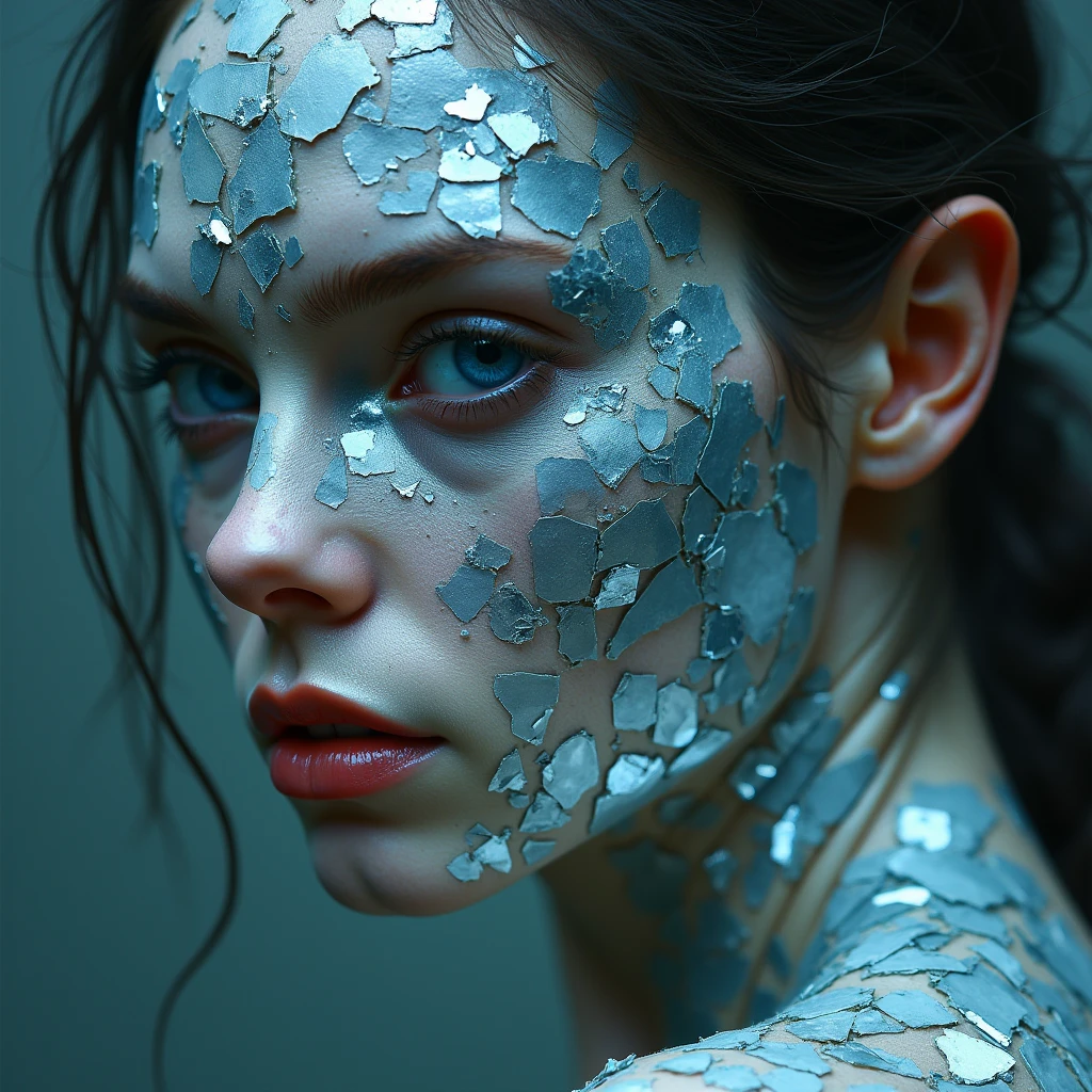 Stable Diffusion Prompt: Sorceress with mirrored skin reflects a shattered world's lost memories