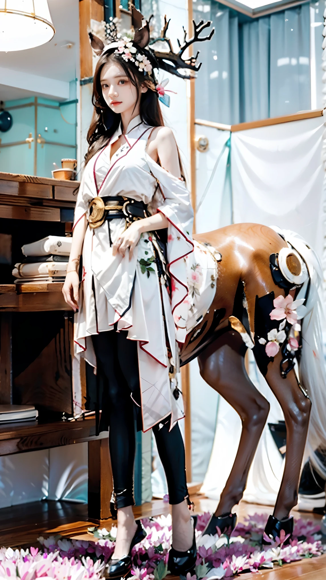 Stable Diffusion Prompt: Woman poses by horse statue in vibrant room ...