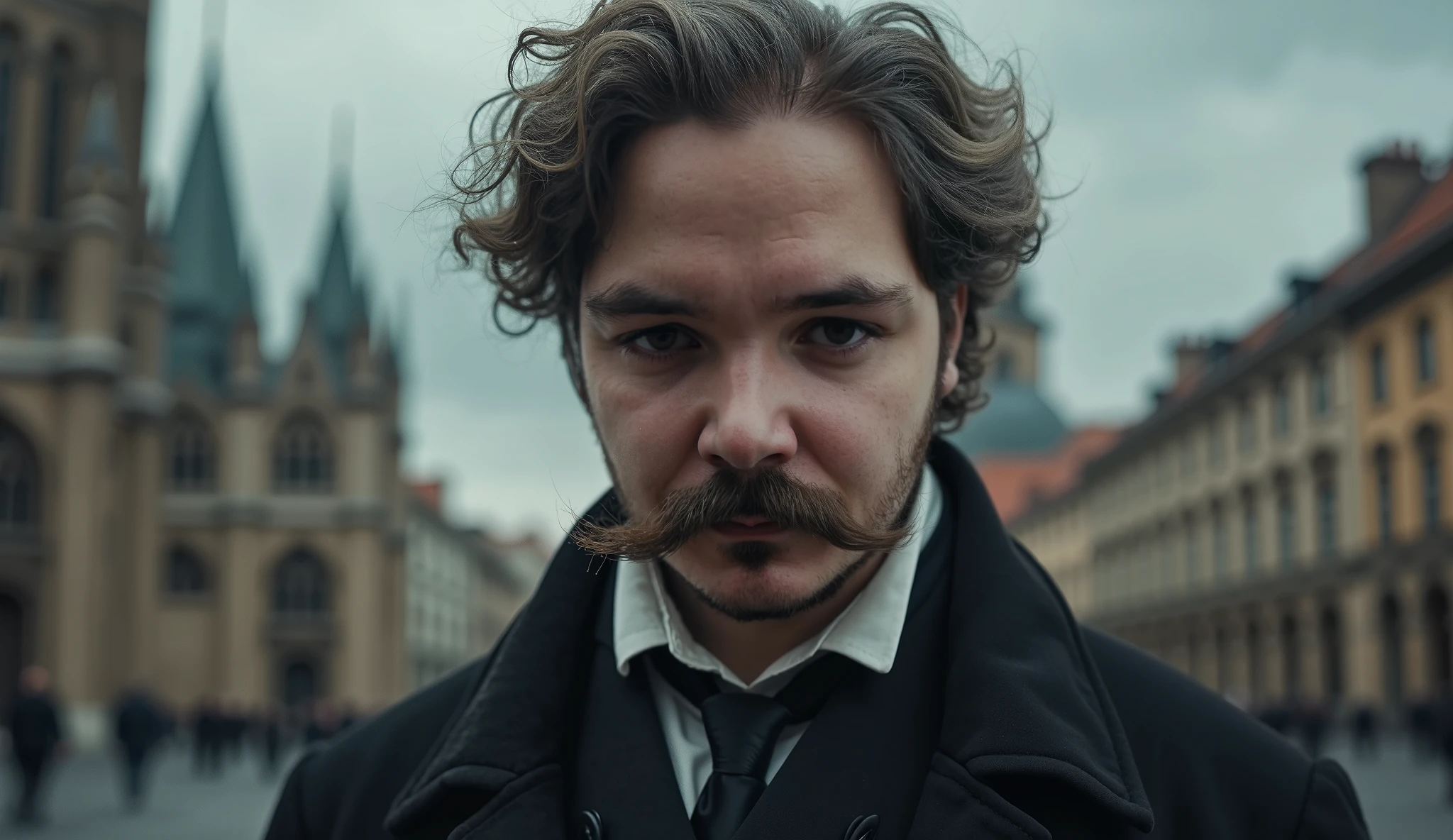 Stable Diffusion Prompt: Man with mustache and beard in city skyline