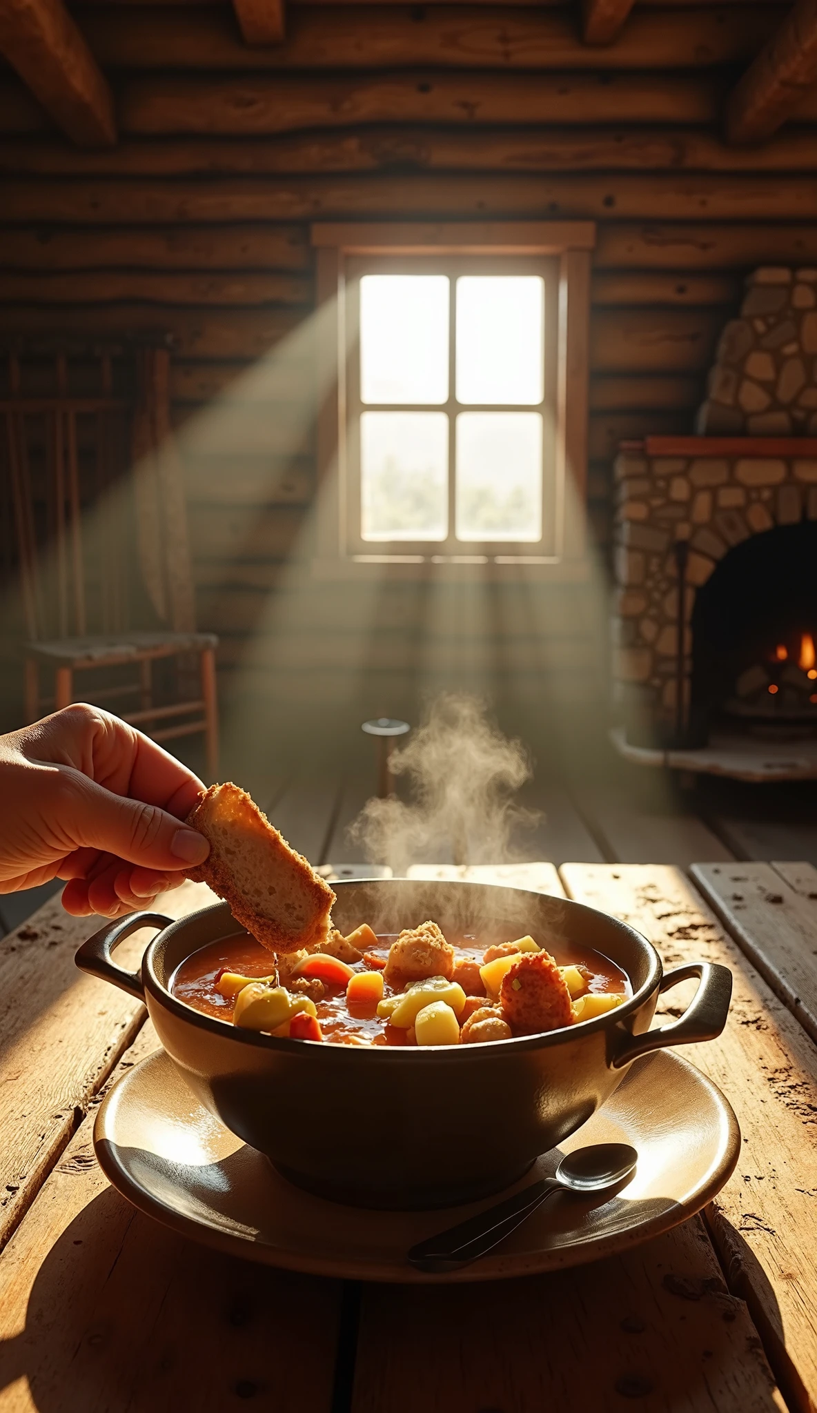 Stable Diffusion Prompt: Dipping bread into savory stew for a delicious meal
