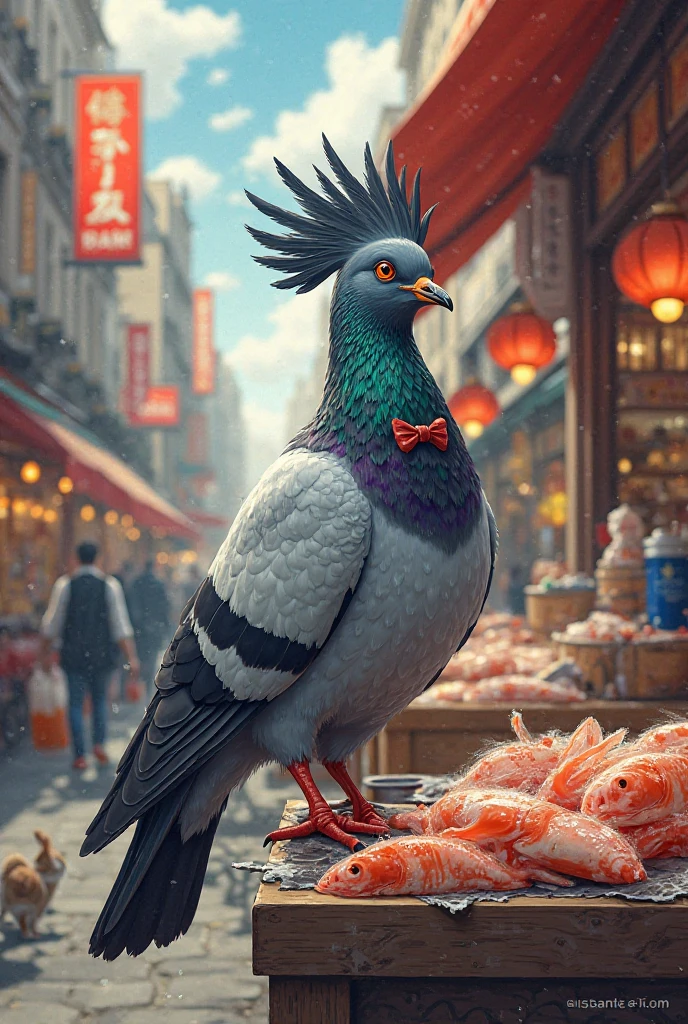 Stable Diffusion Prompt: A male pigeon that sells one pound fish