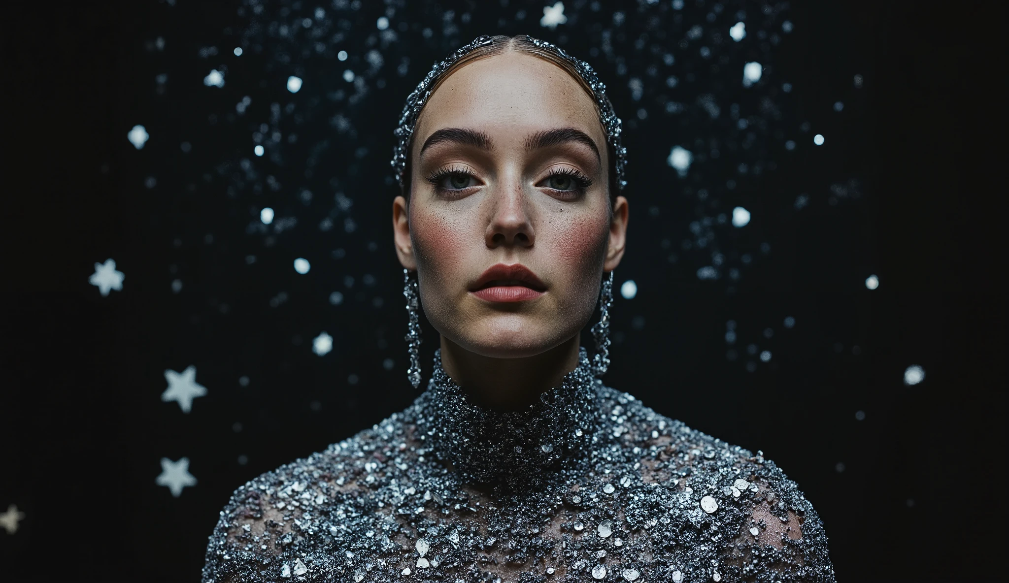 Stable Diffusion Prompt: Woman in silver bodysuit with star head adornment