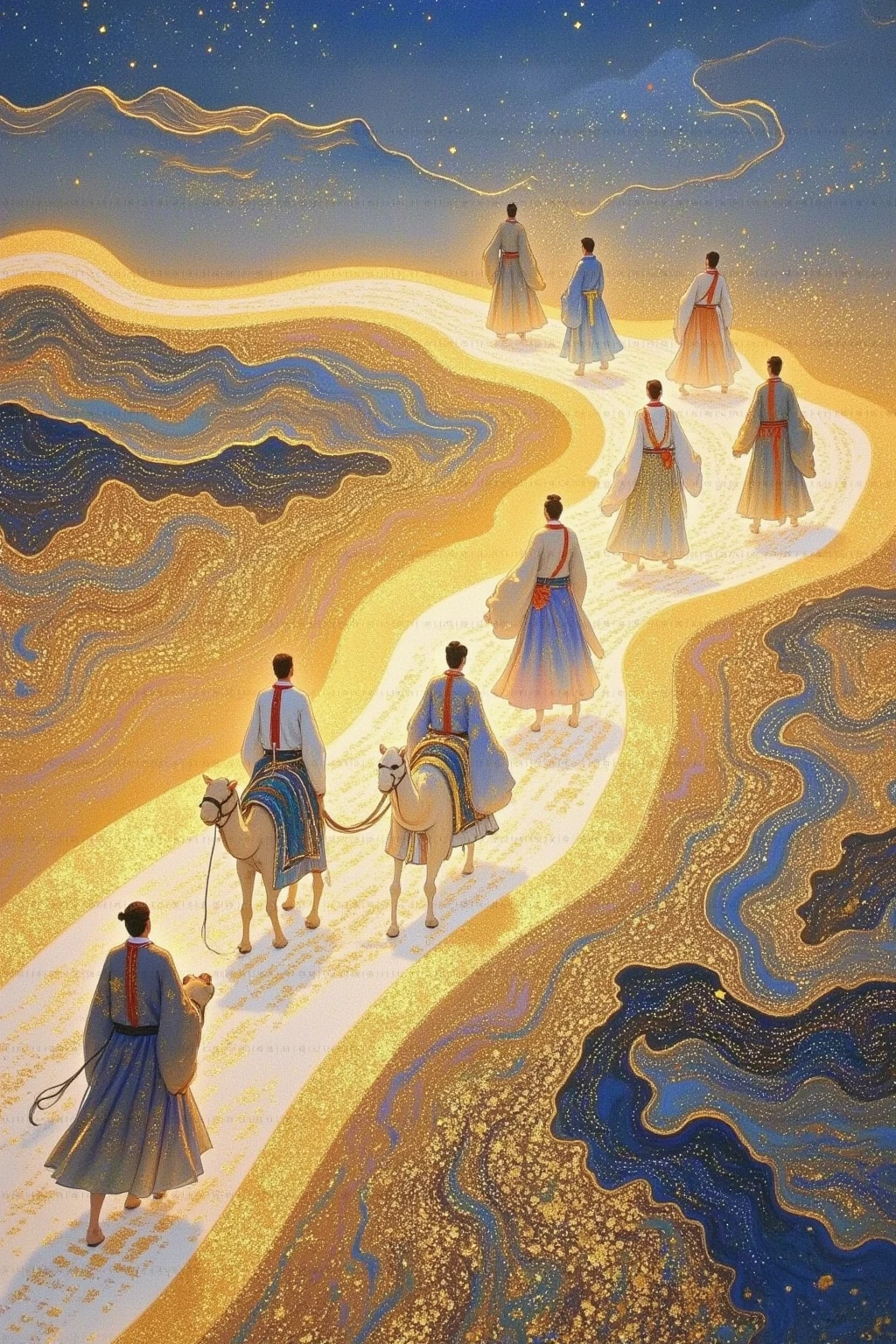 Stable Diffusion Prompt: Camel riders traverse a fabric landscape in ...
