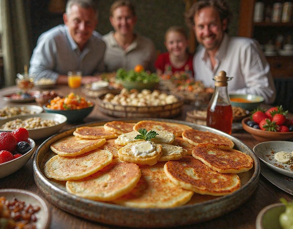 Stable Diffusion Prompt: Slavic feast with abundant pancakes on table — traditional cultural ...