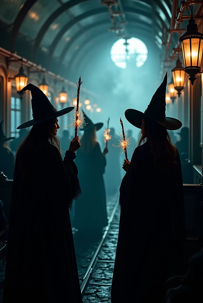 Stable Diffusion Prompt: Witches travel in a train bath raising their ...