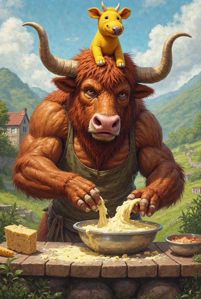Stable Diffusion Prompt: A highland cattle Minotaur making cheese and ...