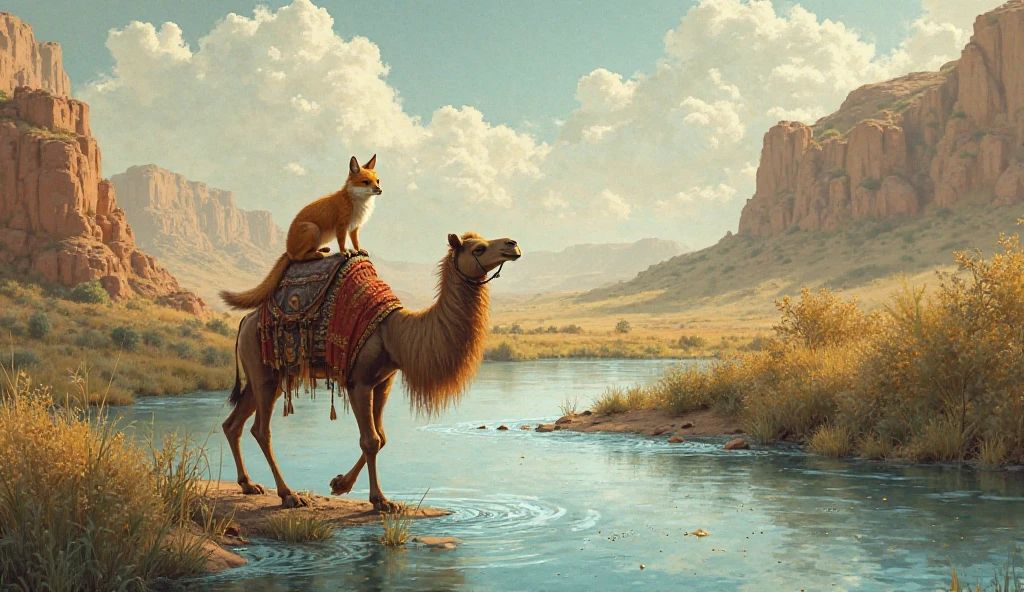 Stable Diffusion Prompt: Fox climbs camel's back as they descend ...